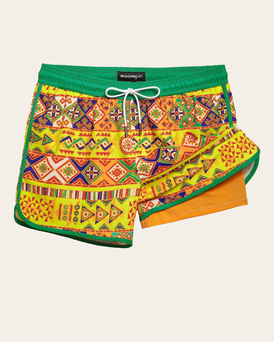 HeritageTide Tribal Vibes Swim Trunks, Green and Yellow | Maamgic – maamgic