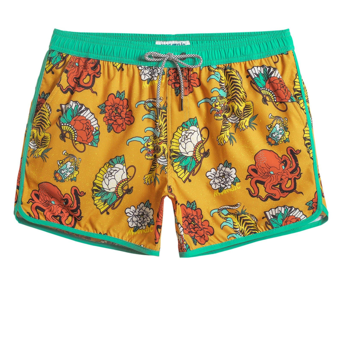 Lucky Fauna II Animal Print Swim Trunks, Orange and Blue | Maamgic ...