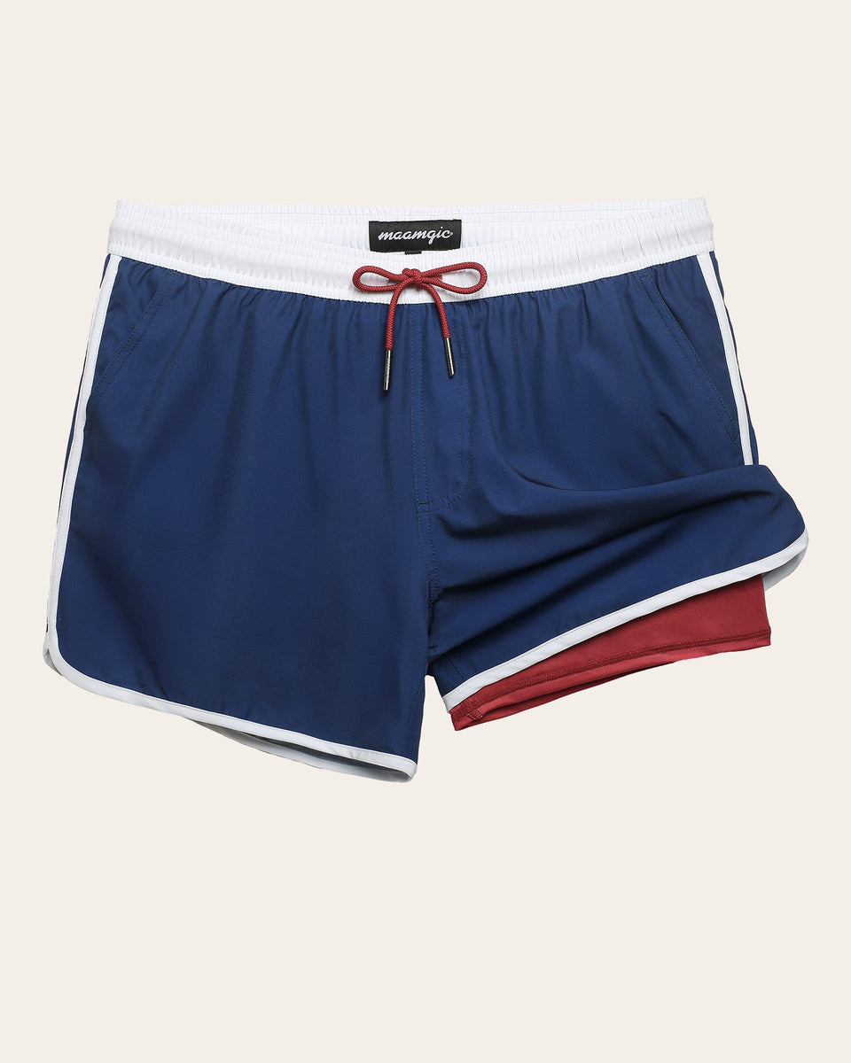 Retro 70s Comfy Swim Trunks, Navy Blue and Red | Maamgic