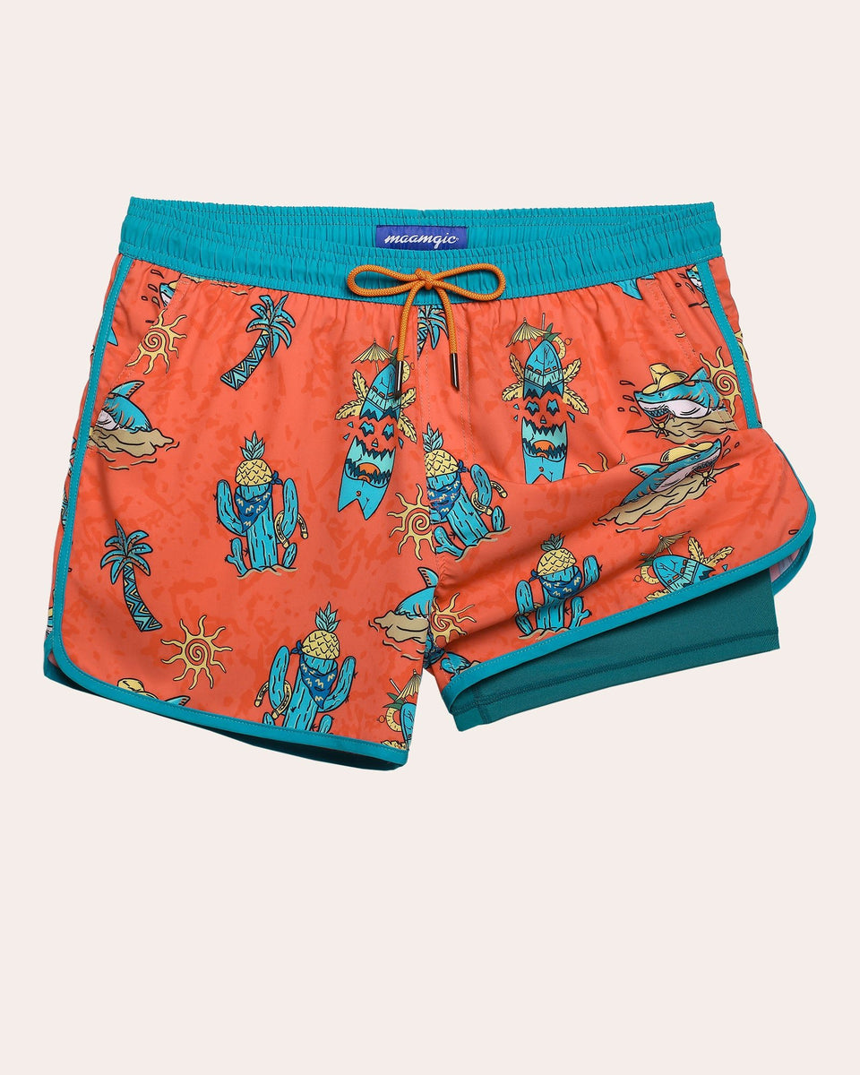 SeaBorn II Tropical Shark Swim Trunks, Coral Red and Green | Maamgic