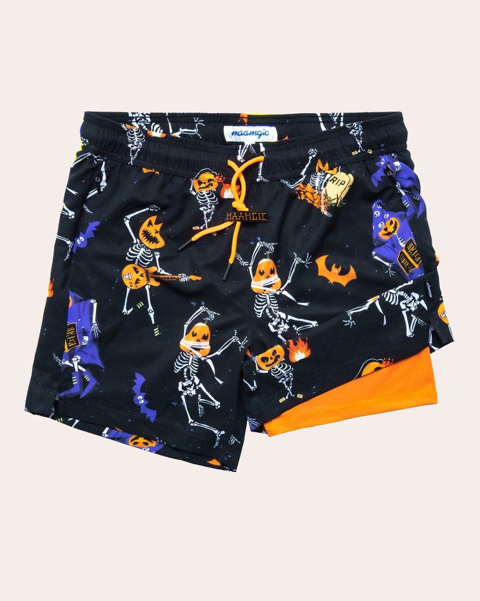 SpookySkull Halloween Party Swim Trunks, Black and Orange | Maamgic