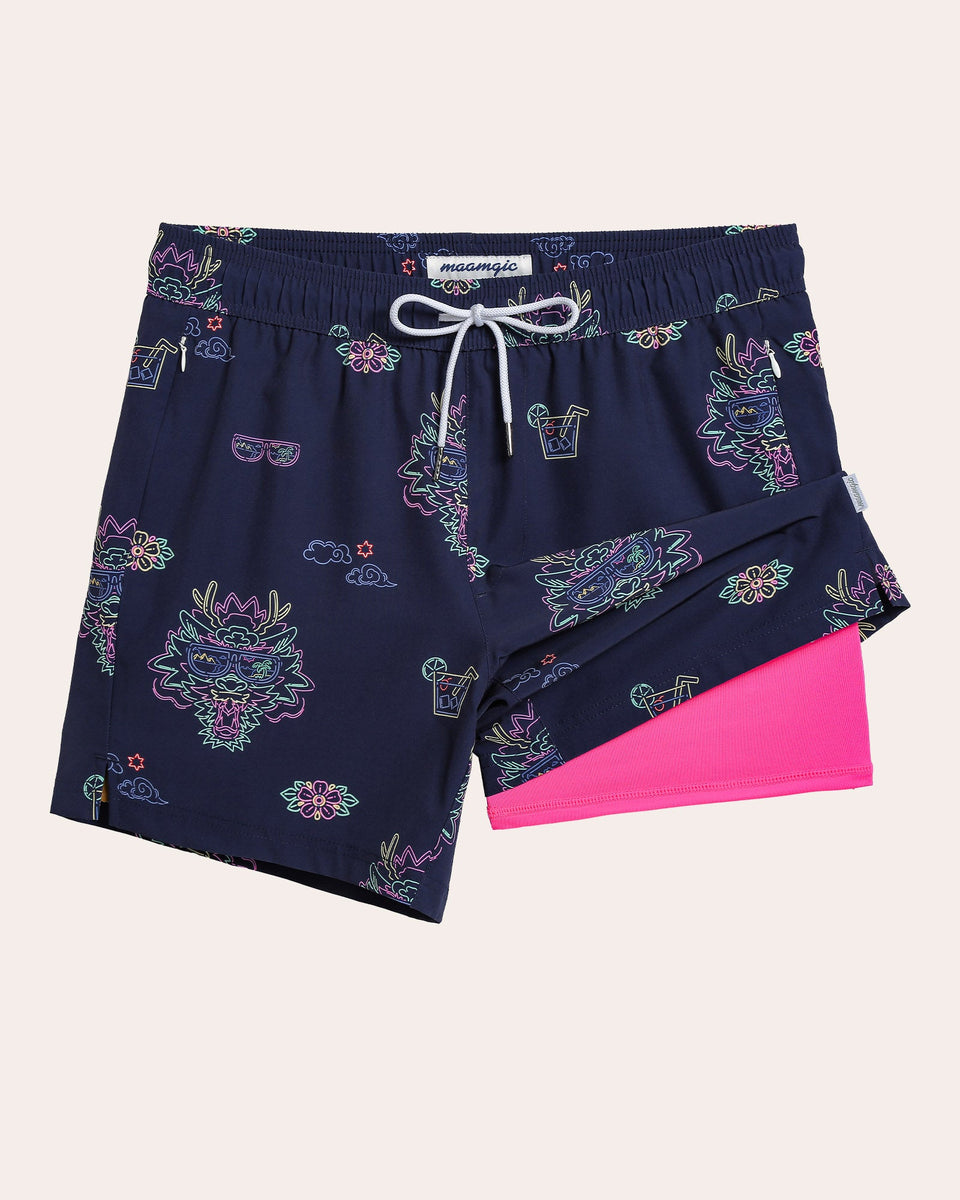 YanLong Neon Dragon Swim Trunks, Navy Blue and Pink | Maamgic – maamgic